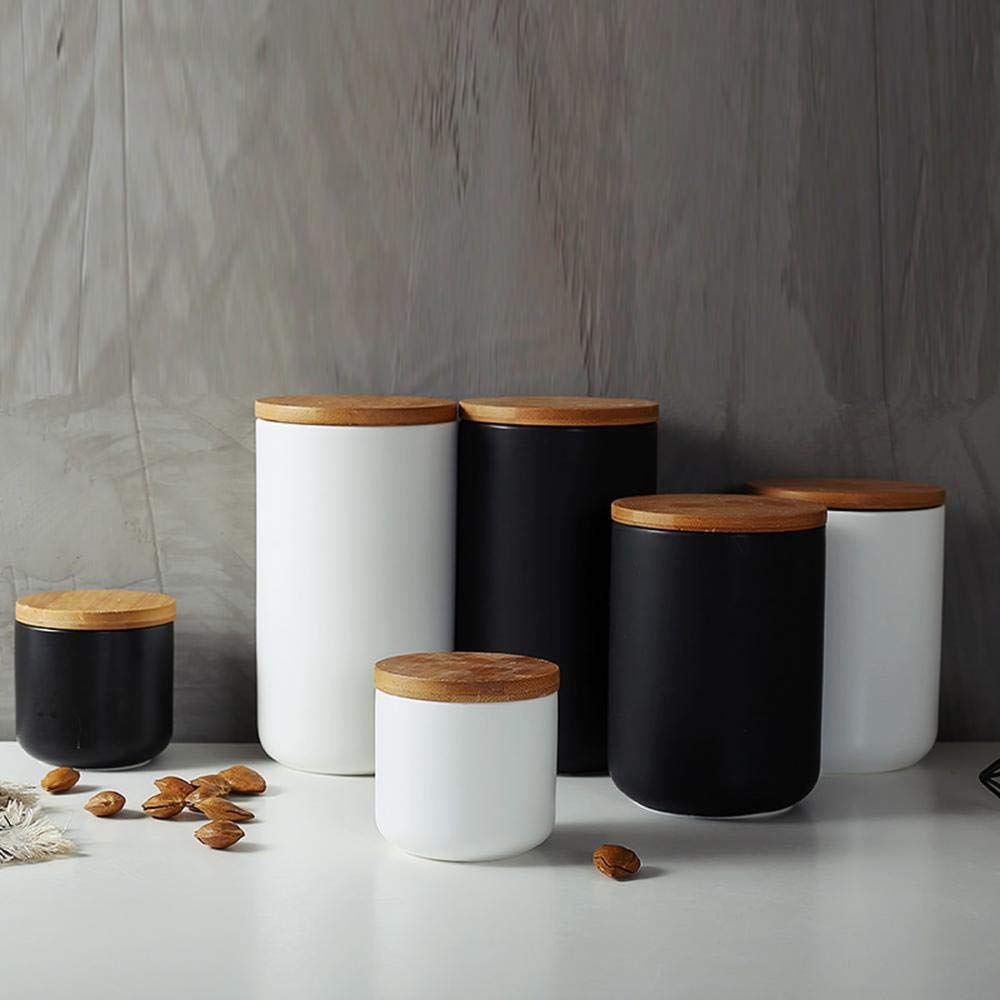 jessie Ceramic Storage Containers with Airtight Seal Bamboo Lids Kitchen Canisters for Tea Spice Seasoning Sugar Coffee (black, 260ml/9 oz)
