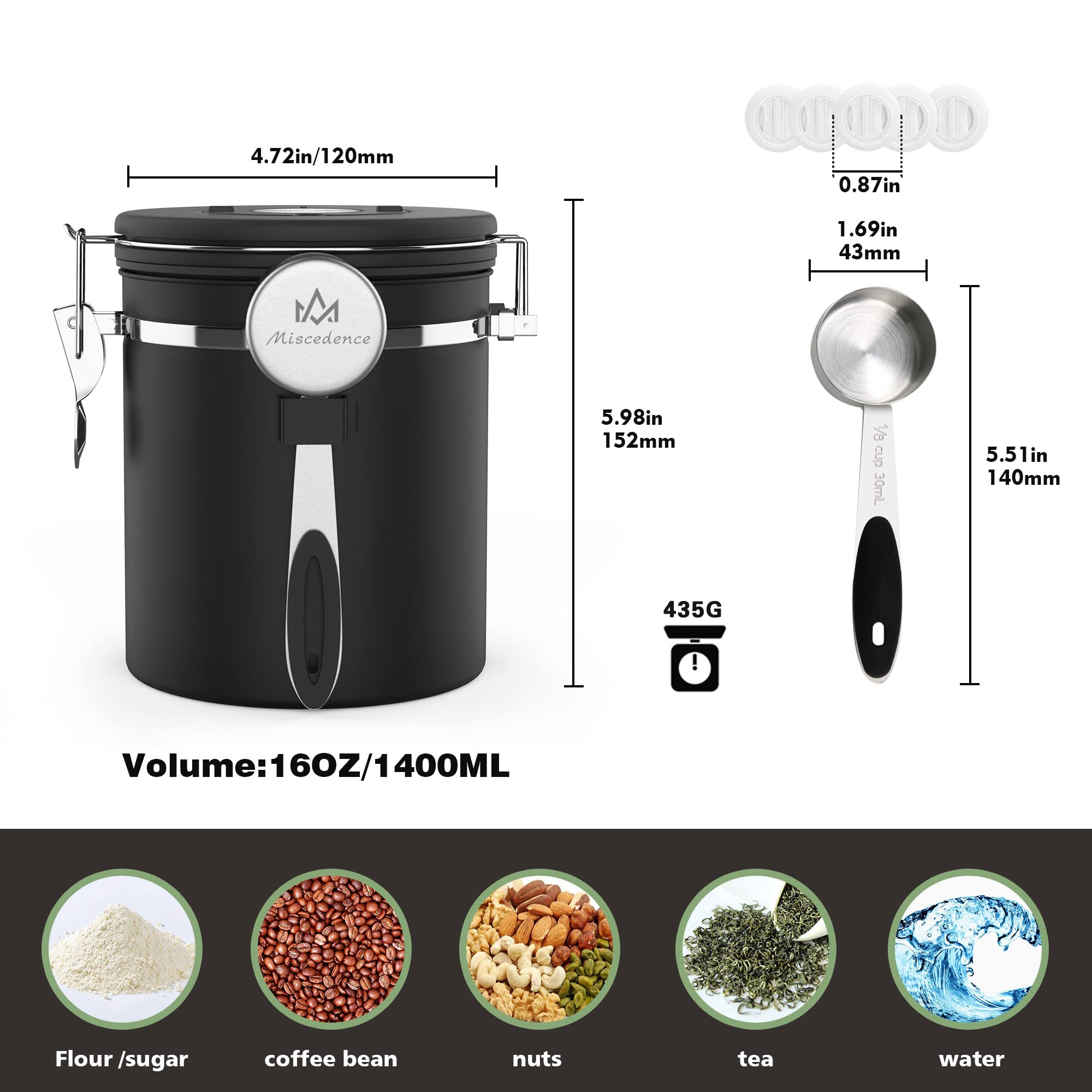 Miscedence Coffee canister for ground coffee with Scoop Date Tracker One Way Co2 Valve 304 Stainless Steel Kitchen Food Airtight storage container for Coffee Beans,Grounds,Tea,Sugar (Silver, 16oz)