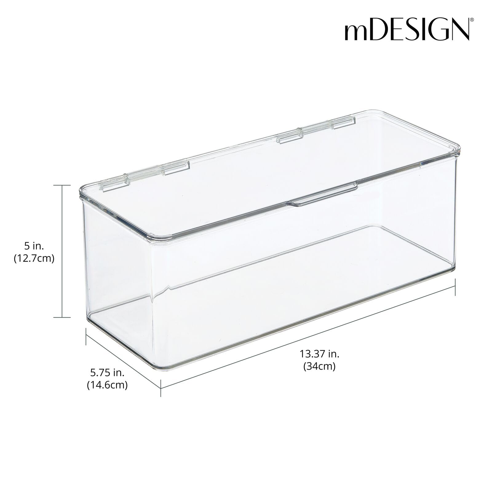 mDesign Plastic Kitchen Pantry and Fridge Storage Organizer Box Containers with Hinged Lid for Shelves or Cabinets, Holds Food, Snacks, Canned Drinks, Seasoning, Condiments, or Utensils, 4 Pack, Clear