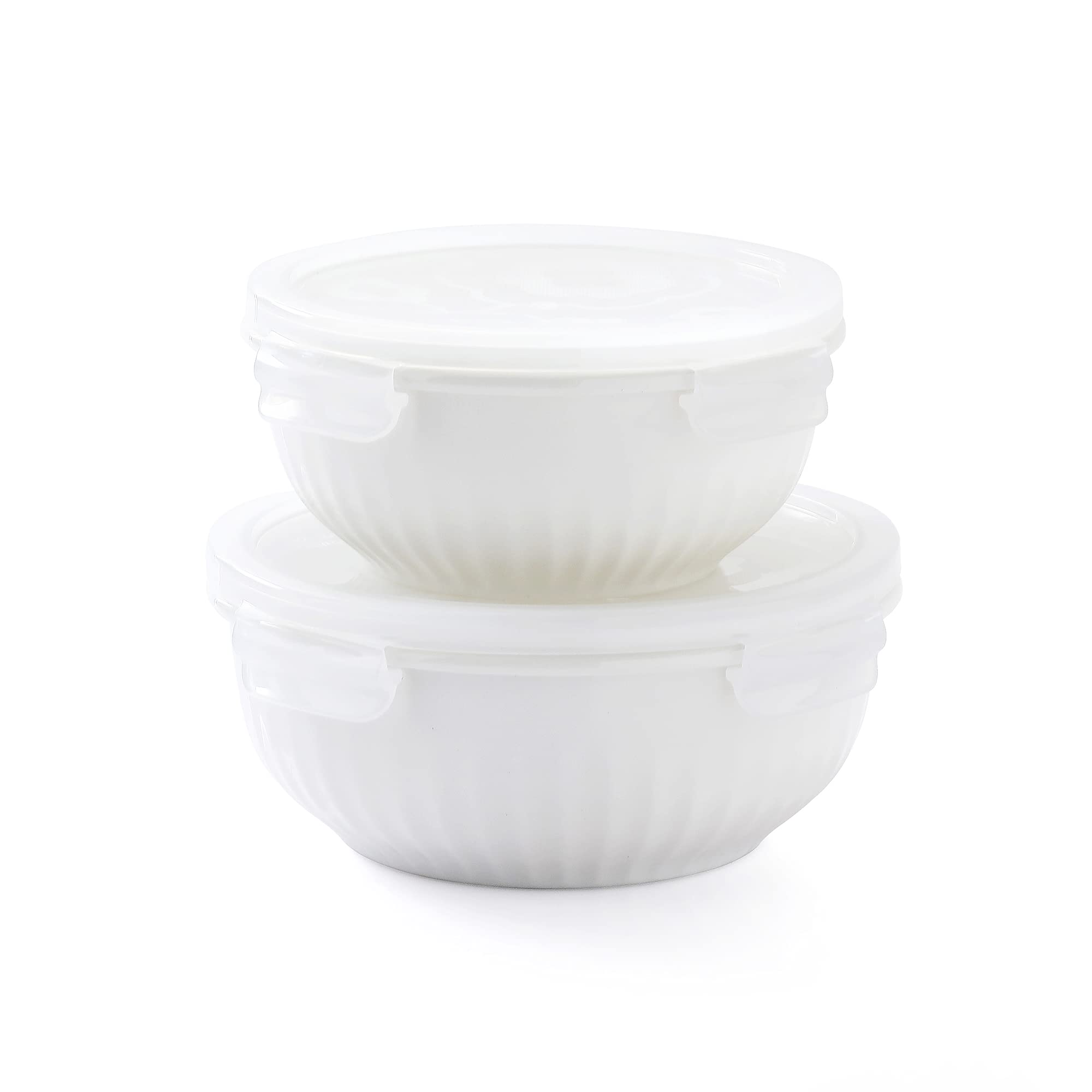 ZEN Pleats Porcelain Serve and Store Airtight Container 14&22oz Bowls Set of 2 (White)
