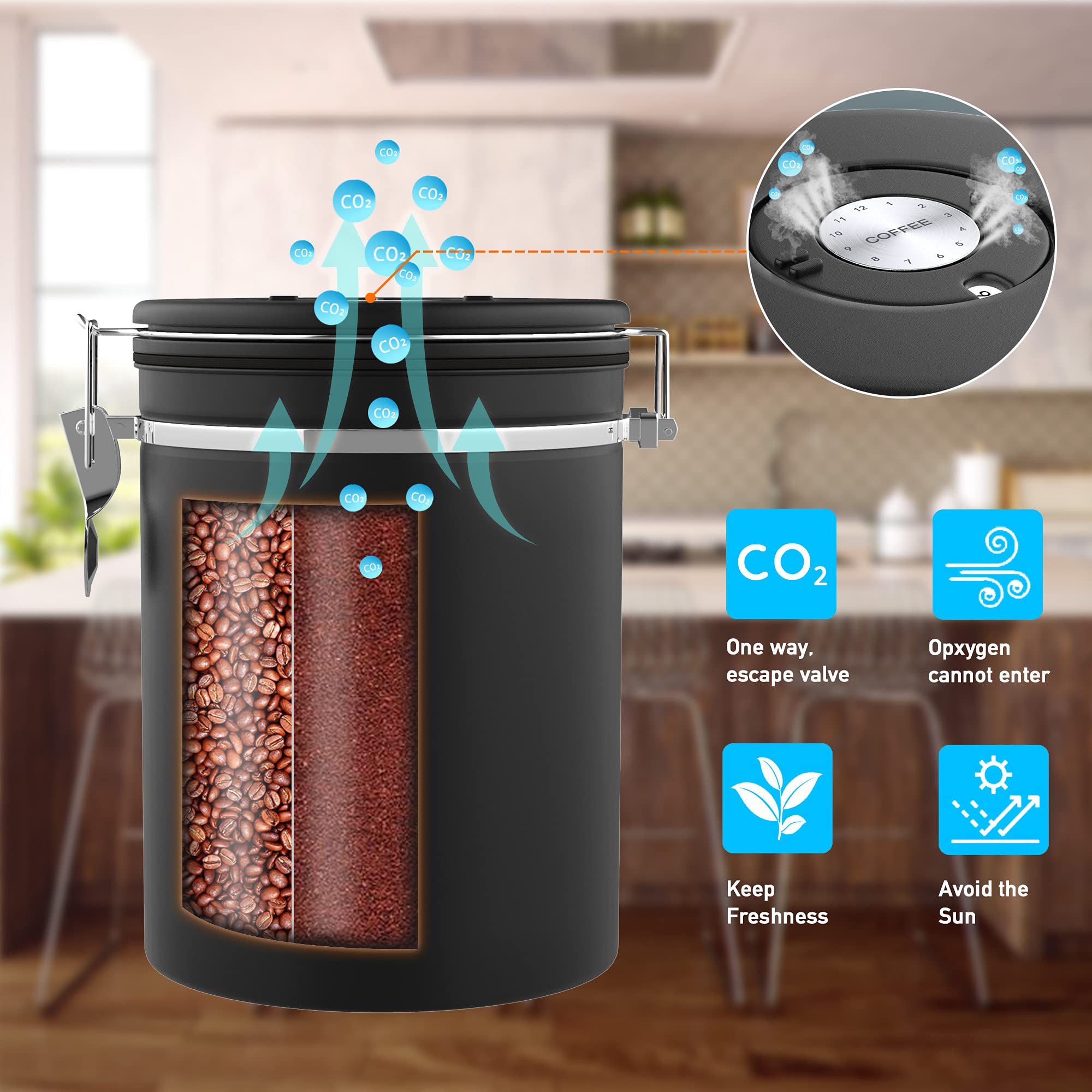 Miscedence Coffee canister for ground coffee with Scoop Date Tracker One Way Co2 Valve 304 Stainless Steel Kitchen Food Airtight storage container for Coffee Beans,Grounds,Tea,Sugar (Silver, 16oz)