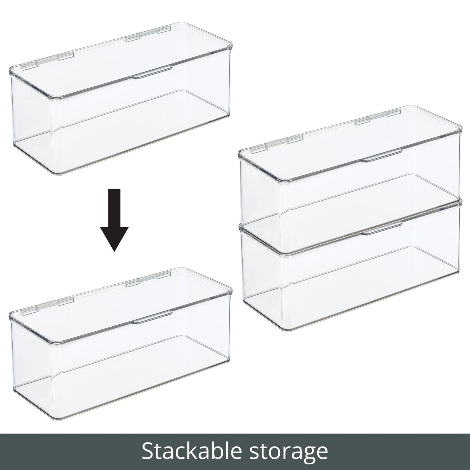 mDesign Plastic Kitchen Pantry and Fridge Storage Organizer Box Containers with Hinged Lid for Shelves or Cabinets, Holds Food, Snacks, Canned Drinks, Seasoning, Condiments, or Utensils, 4 Pack, Clear