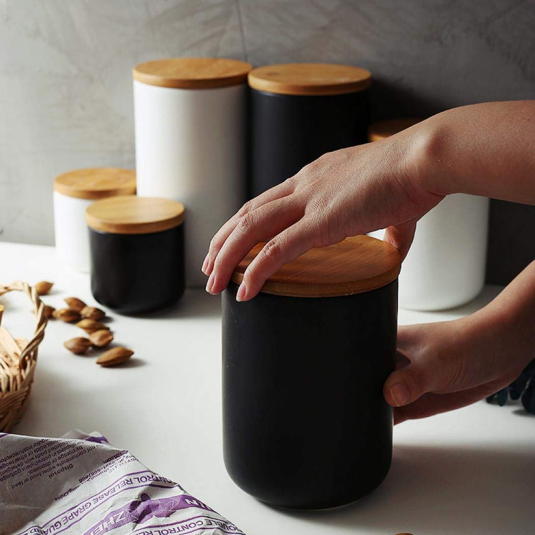 jessie Ceramic Storage Containers with Airtight Seal Bamboo Lids Kitchen Canisters for Tea Spice Seasoning Sugar Coffee (black, 260ml/9 oz)