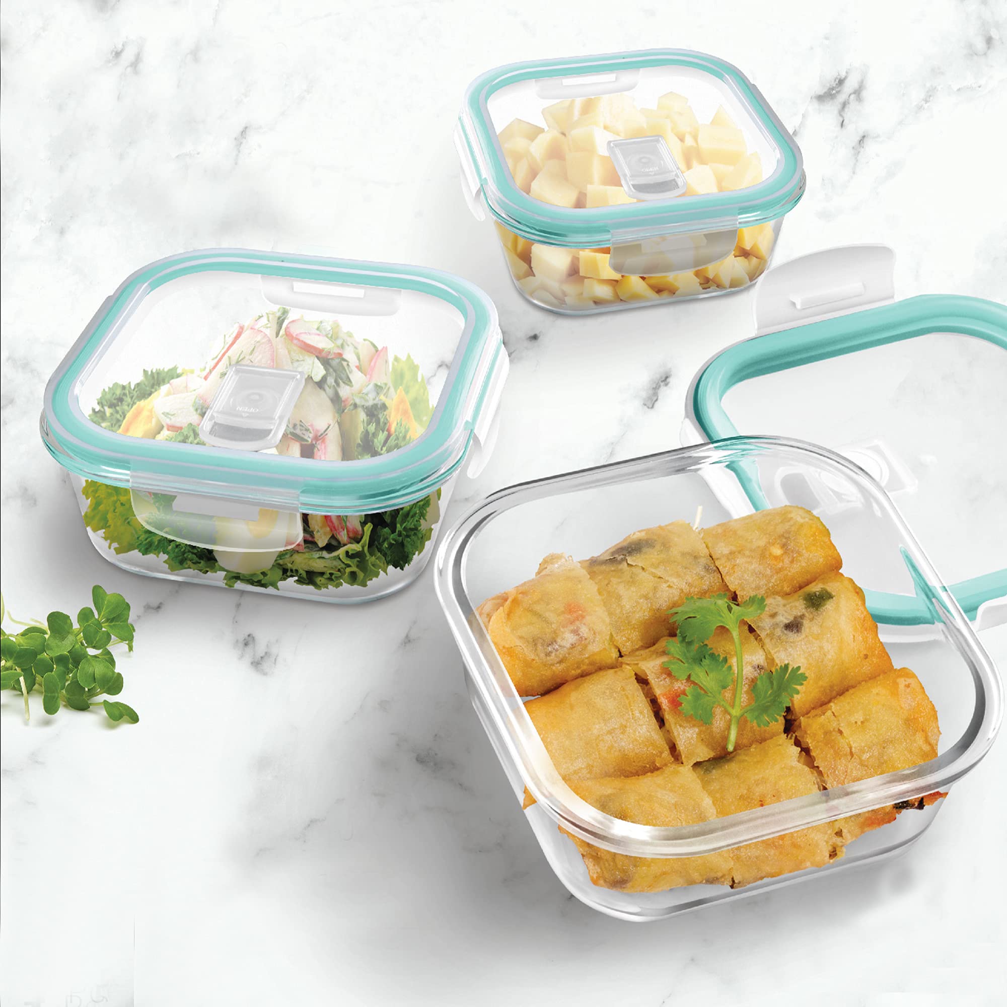 Treo By Milton Hi Borosilicate Clip Fresh Square Container, Set of 2, 800 ml Each, Transparent | Air Tight | Microwave Safe | Oven Safe | Refrigerator Safe | BPA Free | Stackable | Dishwasher Safe