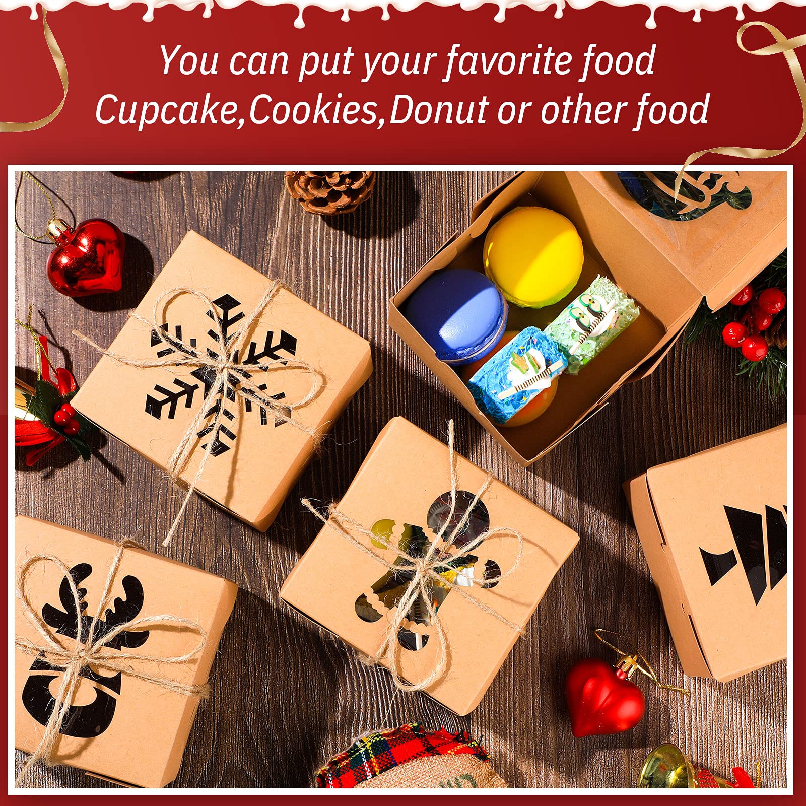 Tenare 30 Pieces Christmas Cookie Boxes with Clear Window Cupcake Boxes Bakery Boxes Pastry Packaging Boxes Brown Kraft Present Box with Rope for Food Present Giving, 4 x 4 x 2.5 Inches (Classic)