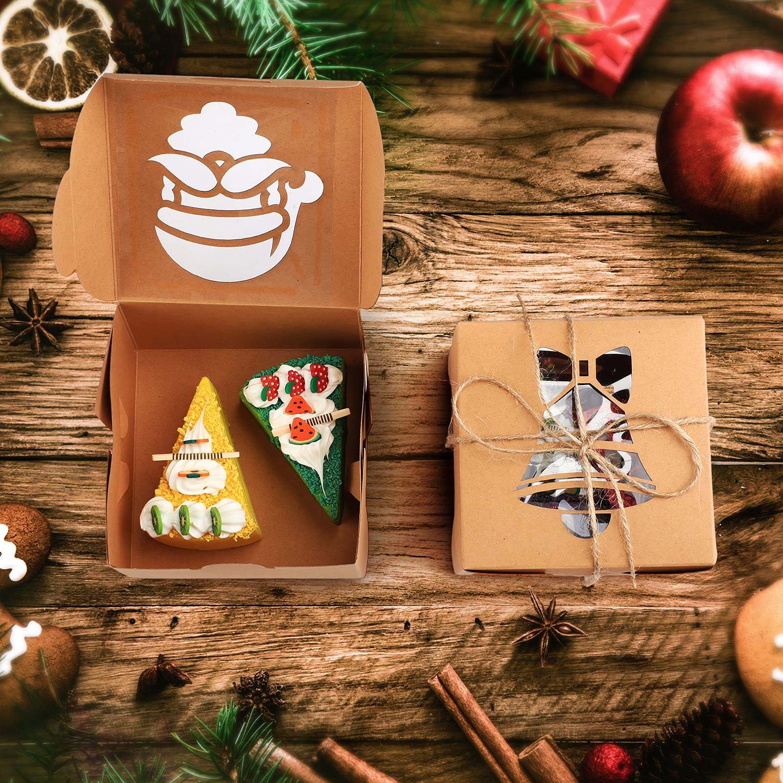 Tenare 30 Pieces Christmas Cookie Boxes with Clear Window Cupcake Boxes Bakery Boxes Pastry Packaging Boxes Brown Kraft Present Box with Rope for Food Present Giving, 4 x 4 x 2.5 Inches (Classic)
