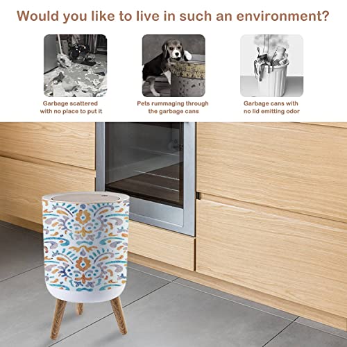 Small Trash Can with Lid Embroidered Seamless Bohemian Wavy Print Watercolor Texture on a White 7 Liter Round Garbage Can Elasticity Press Cover Lid Wastebasket for Kitchen Bathroom Office 1.8 Gallon