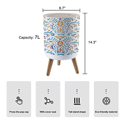 Small Trash Can with Lid Embroidered Seamless Bohemian Wavy Print Watercolor Texture on a White 7 Liter Round Garbage Can Elasticity Press Cover Lid Wastebasket for Kitchen Bathroom Office 1.8 Gallon