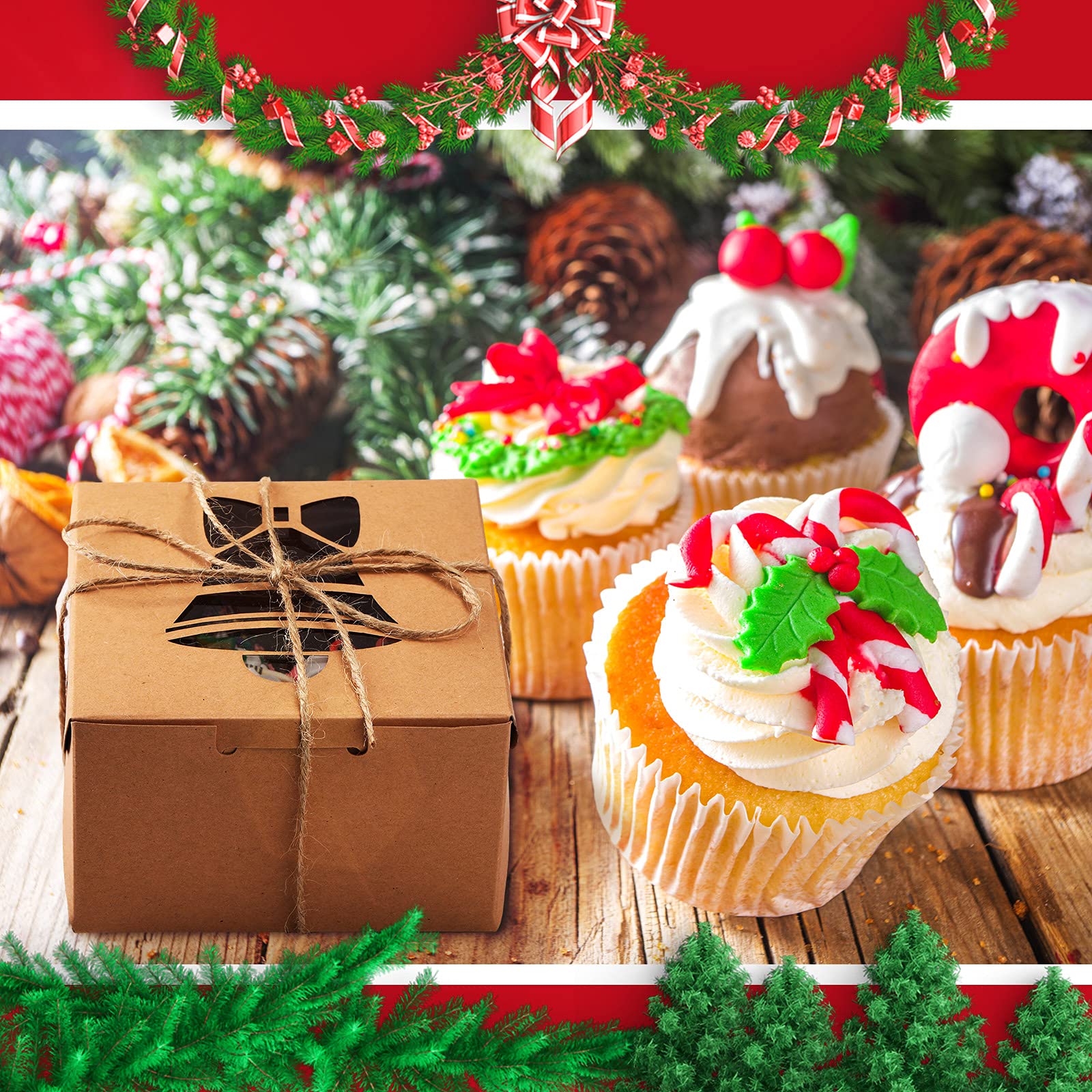 Tenare 30 Pieces Christmas Cookie Boxes with Clear Window Cupcake Boxes Bakery Boxes Pastry Packaging Boxes Brown Kraft Present Box with Rope for Food Present Giving, 4 x 4 x 2.5 Inches (Classic)