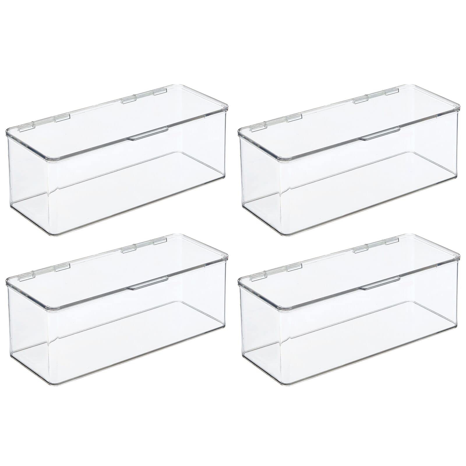 mDesign Plastic Kitchen Pantry and Fridge Storage Organizer Box Containers with Hinged Lid for Shelves or Cabinets, Holds Food, Snacks, Canned Drinks, Seasoning, Condiments, or Utensils, 4 Pack, Clear