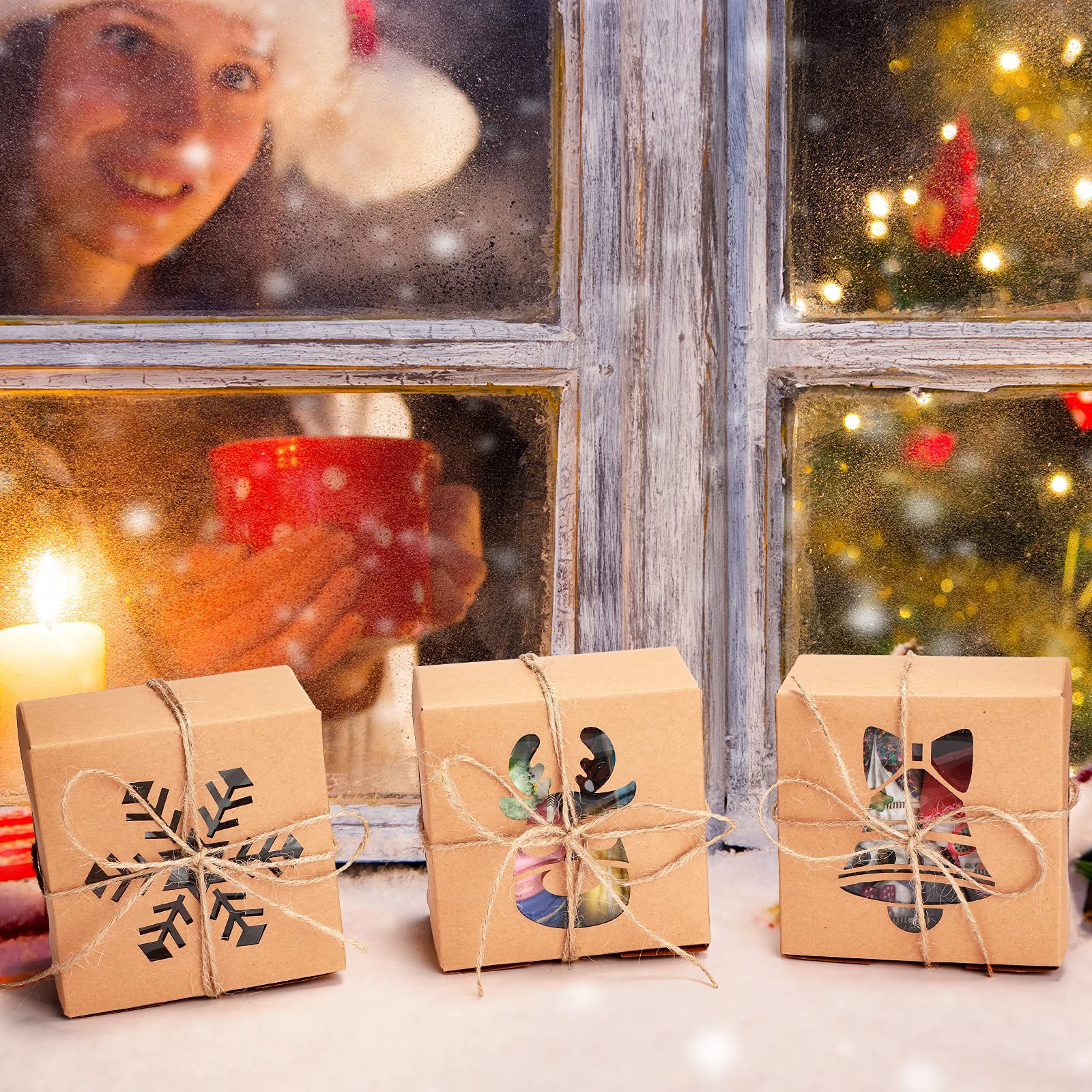 Tenare 30 Pieces Christmas Cookie Boxes with Clear Window Cupcake Boxes Bakery Boxes Pastry Packaging Boxes Brown Kraft Present Box with Rope for Food Present Giving, 4 x 4 x 2.5 Inches (Classic)