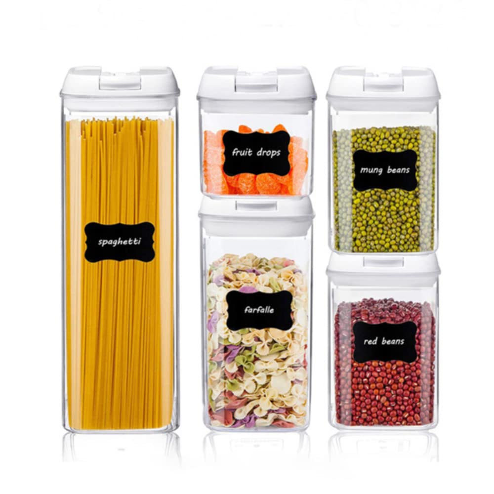 Airtight Food Storage Containers Set with Lids 5 Units Sets for Kitchen Pantry Organization and Storage, Leak-Proof Stackable Canister, include Measuring Spoon & Labels (White, 5)