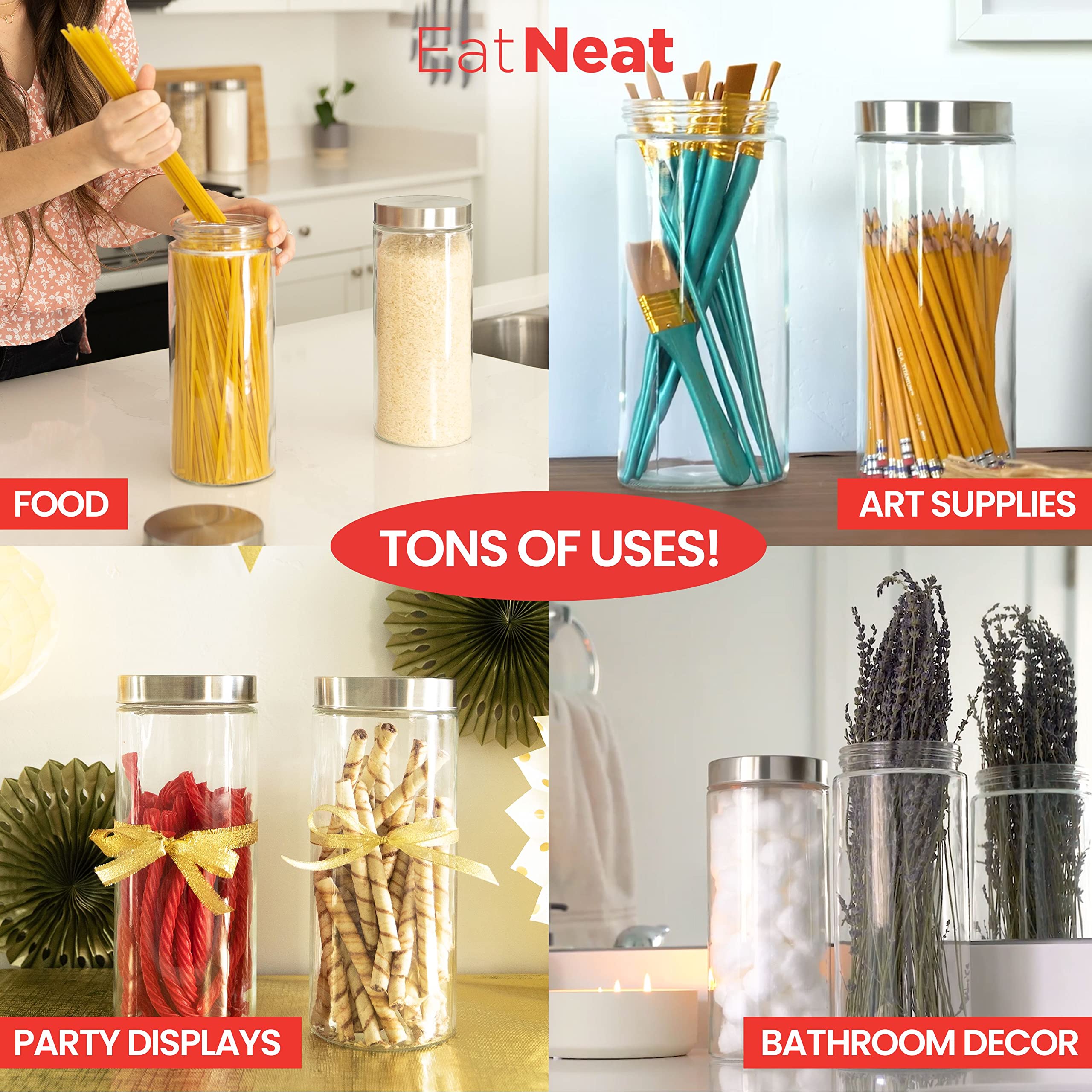 EatNeat 6 Piece Glass Canisters with Airtight Stainless/Snap Locking Lids - Tall Storage Glass Jars for Pantry & Kitchen