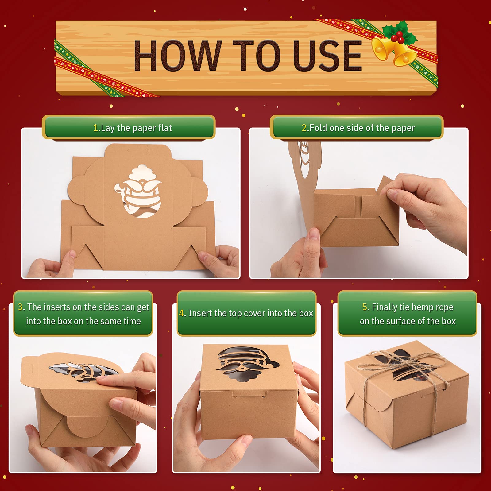 Tenare 30 Pieces Christmas Cookie Boxes with Clear Window Cupcake Boxes Bakery Boxes Pastry Packaging Boxes Brown Kraft Present Box with Rope for Food Present Giving, 4 x 4 x 2.5 Inches (Classic)
