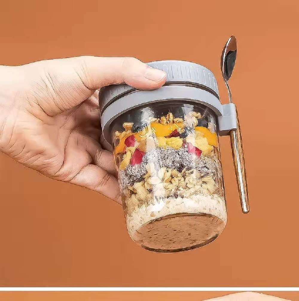Overnight Oat Container with Lid and Spoon Set, 10 oz Large Airtight Oatmeal Container with Measure Marks Cereal, Milk, Vegetable and Fruit Salad Storage Containers (white and grey)