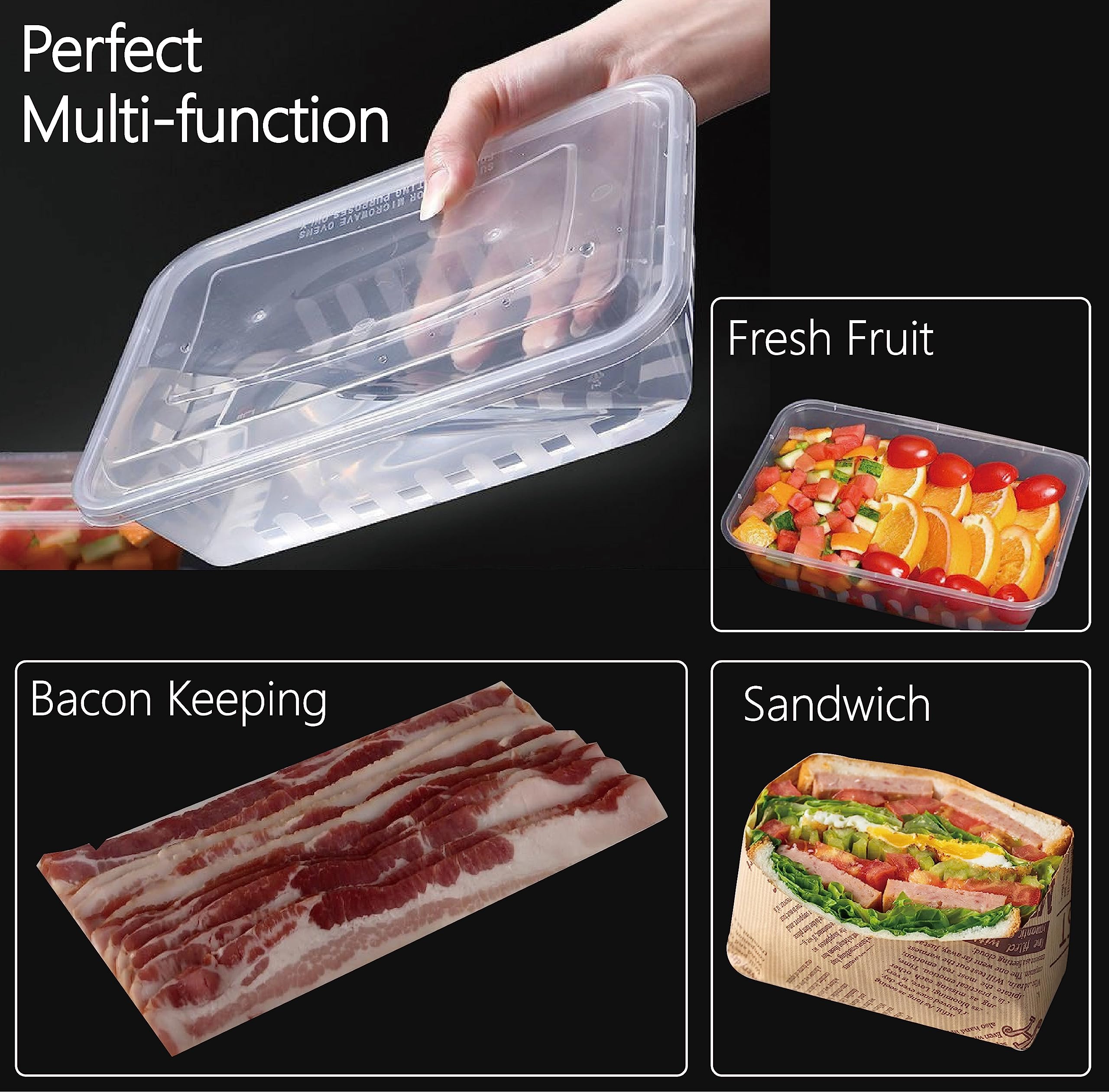 [50 PACK 50OZ] Disposable Meal Prep Container Large For Food, Plastic Storage Containers with Lids Freezer Microwave Dishwash Safe, Clear Bento Box Stackable BPA Free Reusable 1500ml