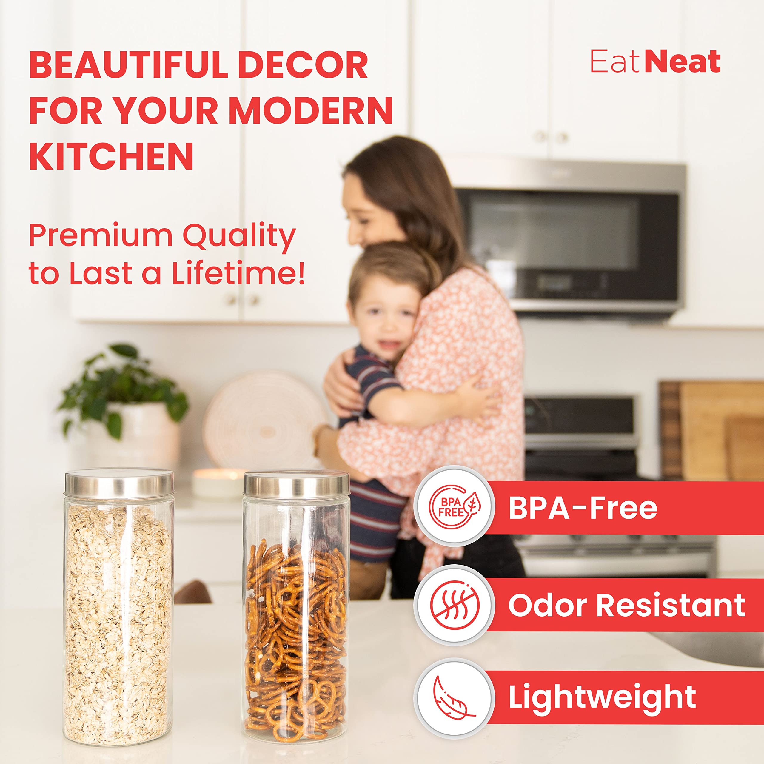 EatNeat 6 Piece Glass Canisters with Airtight Stainless/Snap Locking Lids - Tall Storage Glass Jars for Pantry & Kitchen