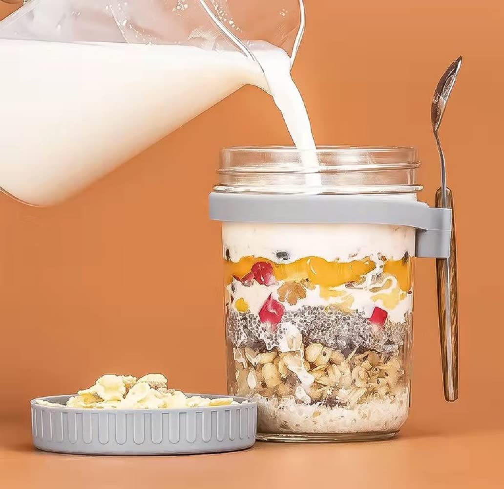 Overnight Oat Container with Lid and Spoon Set, 10 oz Large Airtight Oatmeal Container with Measure Marks Cereal, Milk, Vegetable and Fruit Salad Storage Containers (white and grey)