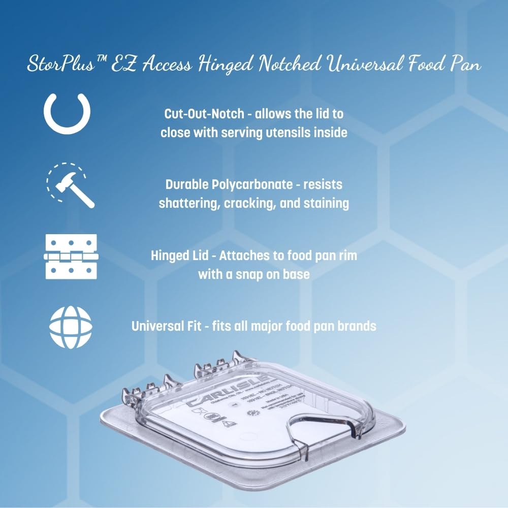 Carlisle FoodService Products Storplus Ez Access 1/6 Size Hinged Universal Food Pan Lid with Notch for Catering, Buffets, and Restaurants, Polycarbonate, Clear