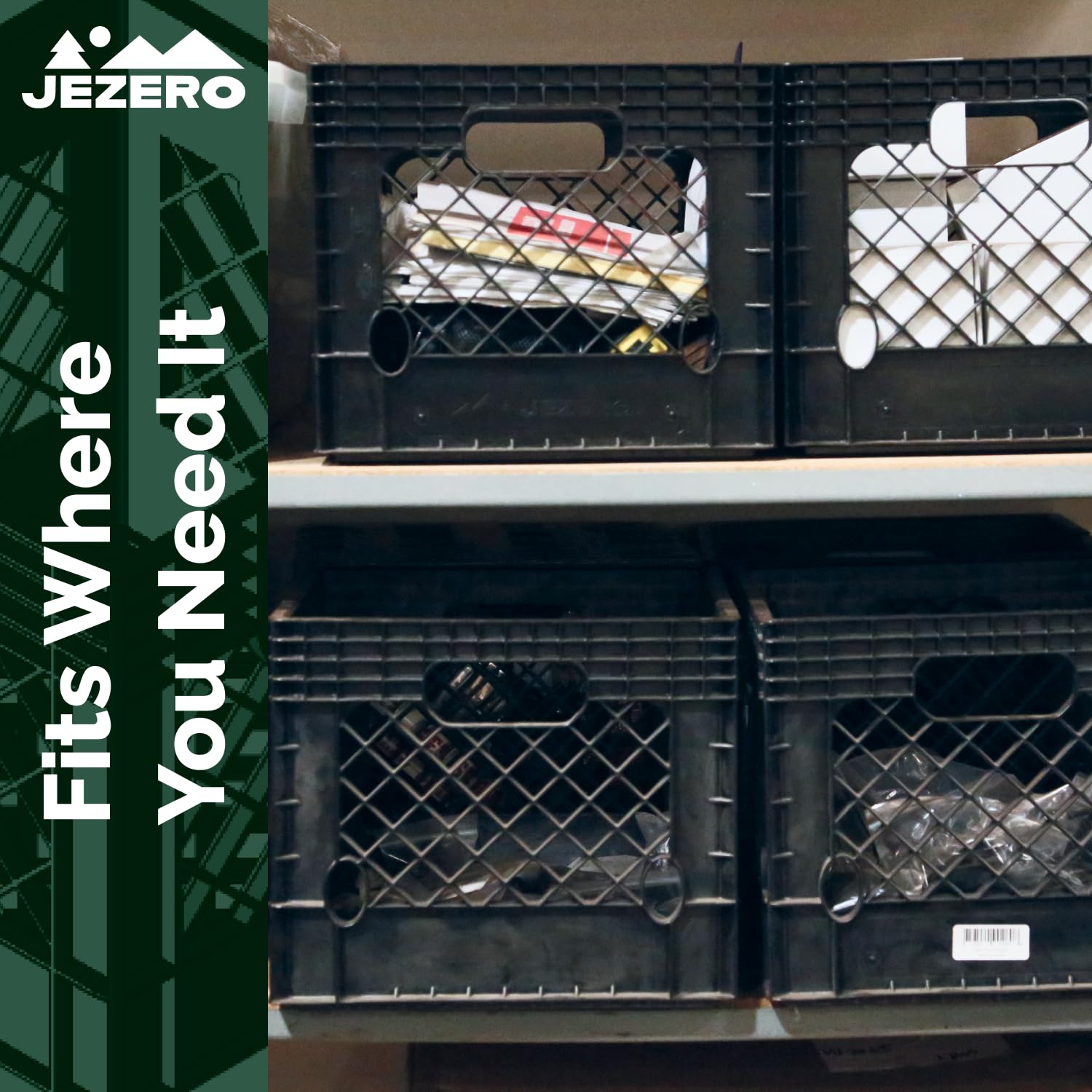 JEZERO Milk Crate for Household Storage: The Ultimate Storage Tote for Groceries, Garages, Kayaking & Outdoor, Stackable Storage | BLACK, Plastic, 13" x 13" x 11” (MC16-S2)