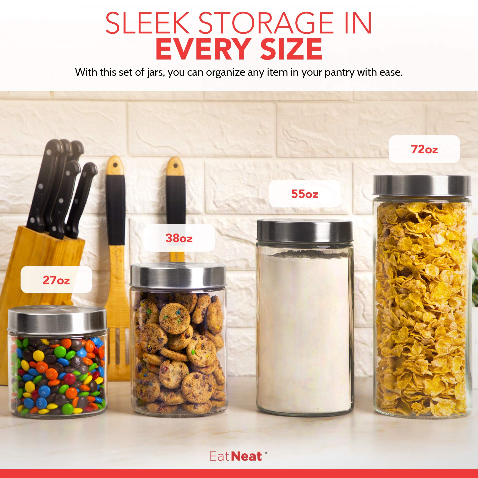 EatNeat 6 Piece Glass Canisters with Airtight Stainless/Snap Locking Lids - Tall Storage Glass Jars for Pantry & Kitchen