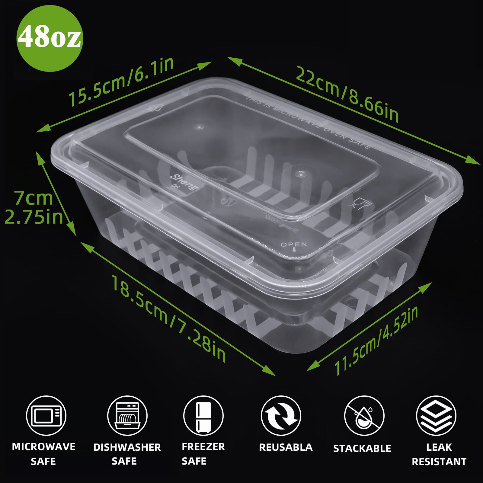 [50 PACK 50OZ] Disposable Meal Prep Container Large For Food, Plastic Storage Containers with Lids Freezer Microwave Dishwash Safe, Clear Bento Box Stackable BPA Free Reusable 1500ml