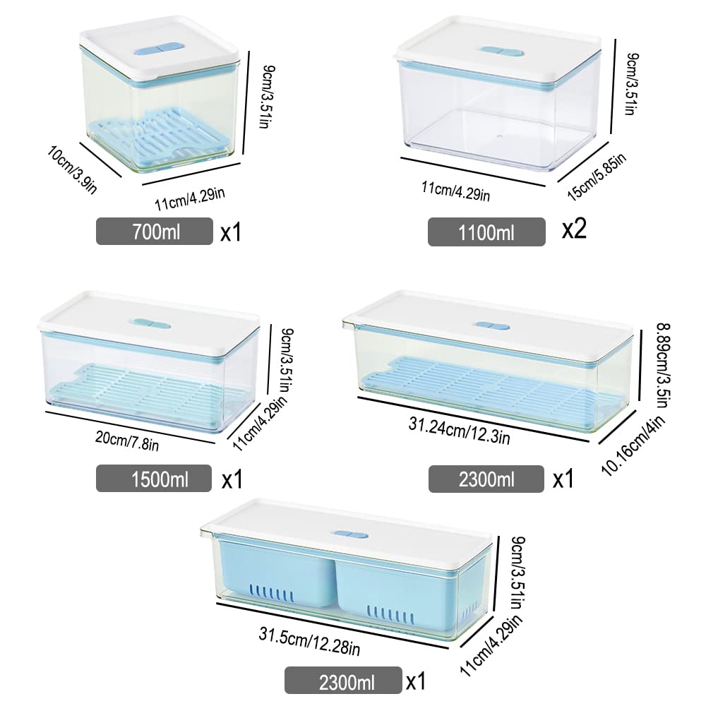 Lille Home Stackable Produce Saver, Organizer Bins/Storage Containers with Removable Drain Tray, Set of Six, for Refrigerators, Cabinets, Countertops and Pantry, BPA Free (Blue,Set of Six)