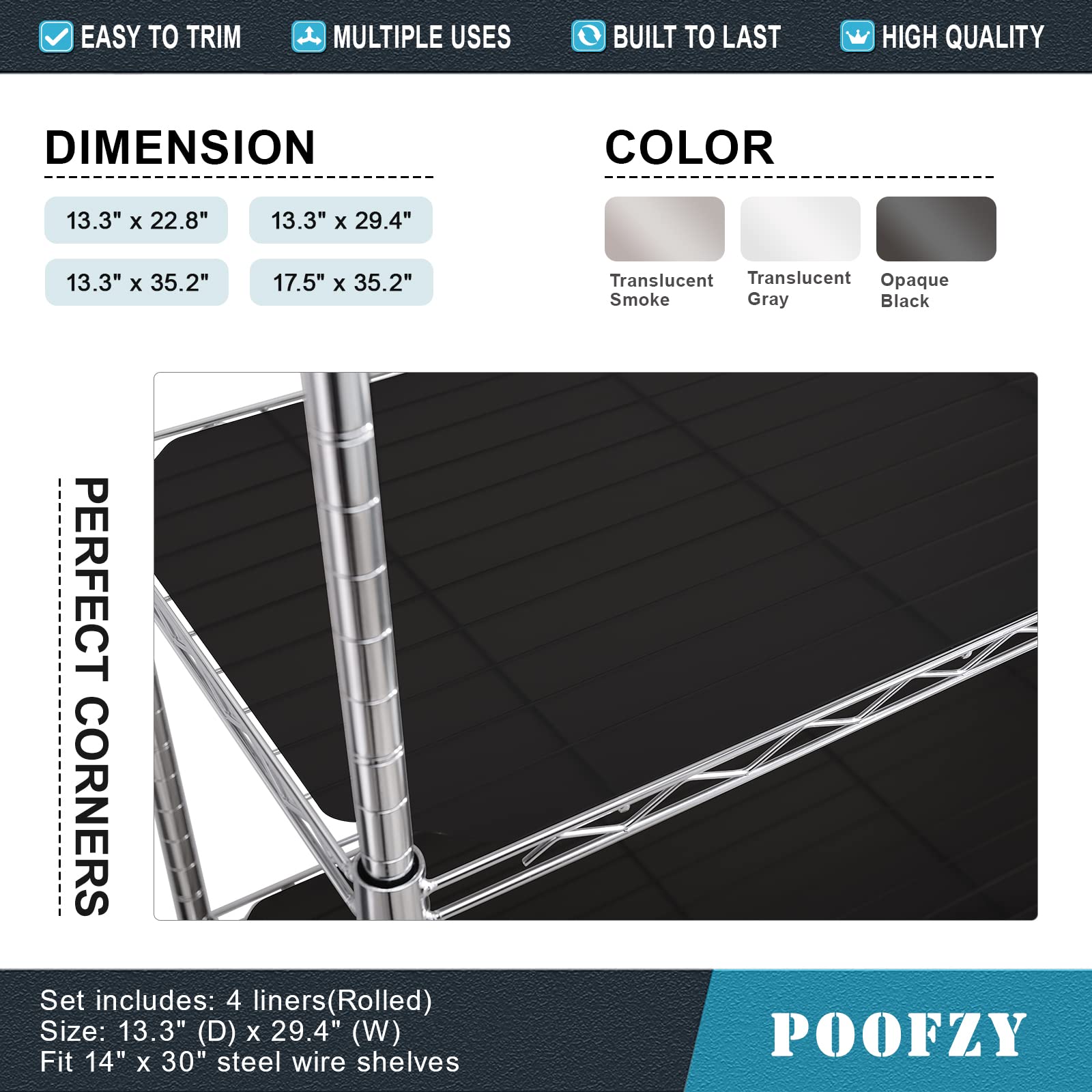 Poofzy Shelf Liners for Wire Shelving, 14 x 36 Non-Adhesive Wire Shelf Liner Plastic for Pantry, Kitchen Cabinets (4PK, Black)