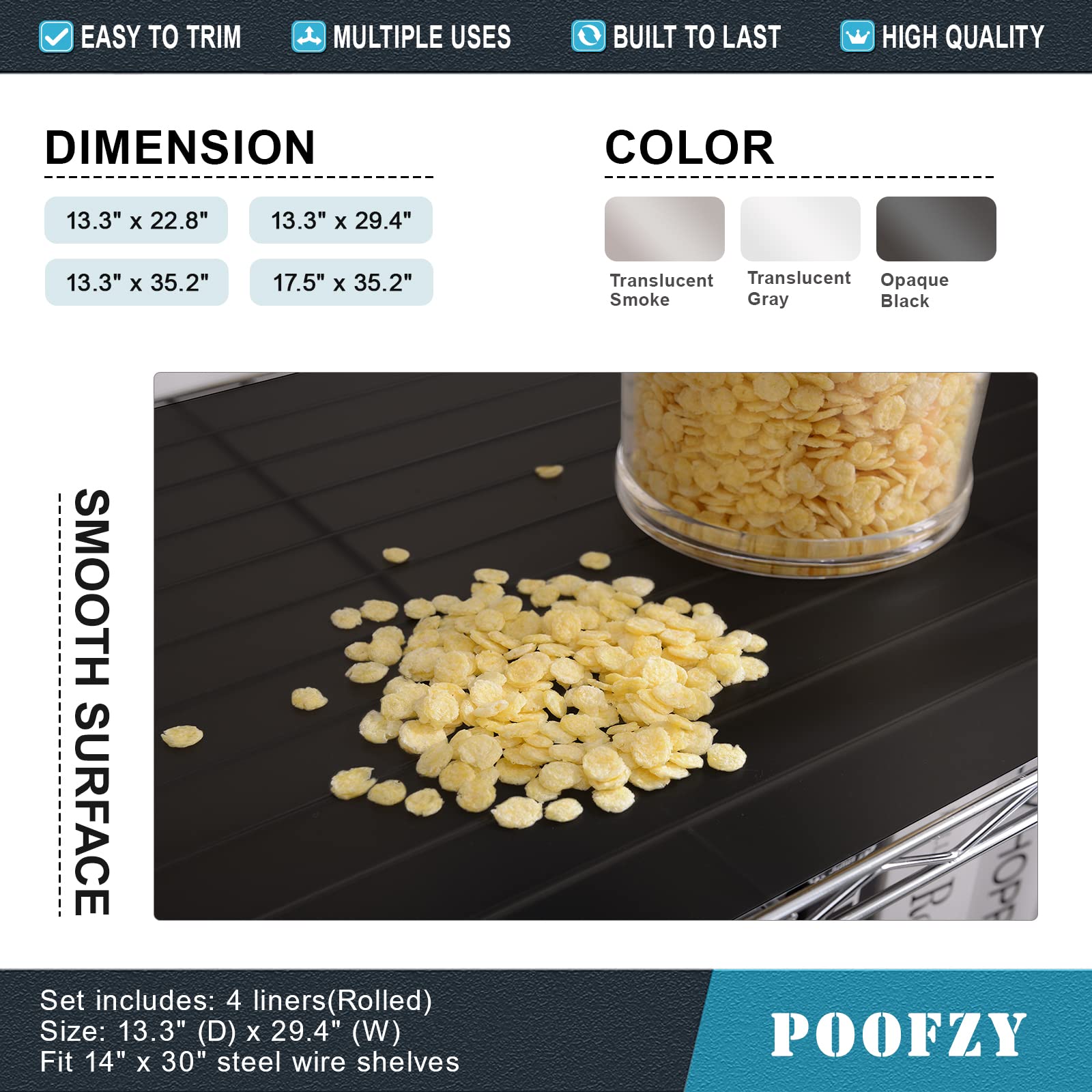 Poofzy Shelf Liners for Wire Shelving, 14 x 36 Non-Adhesive Wire Shelf Liner Plastic for Pantry, Kitchen Cabinets (4PK, Black)
