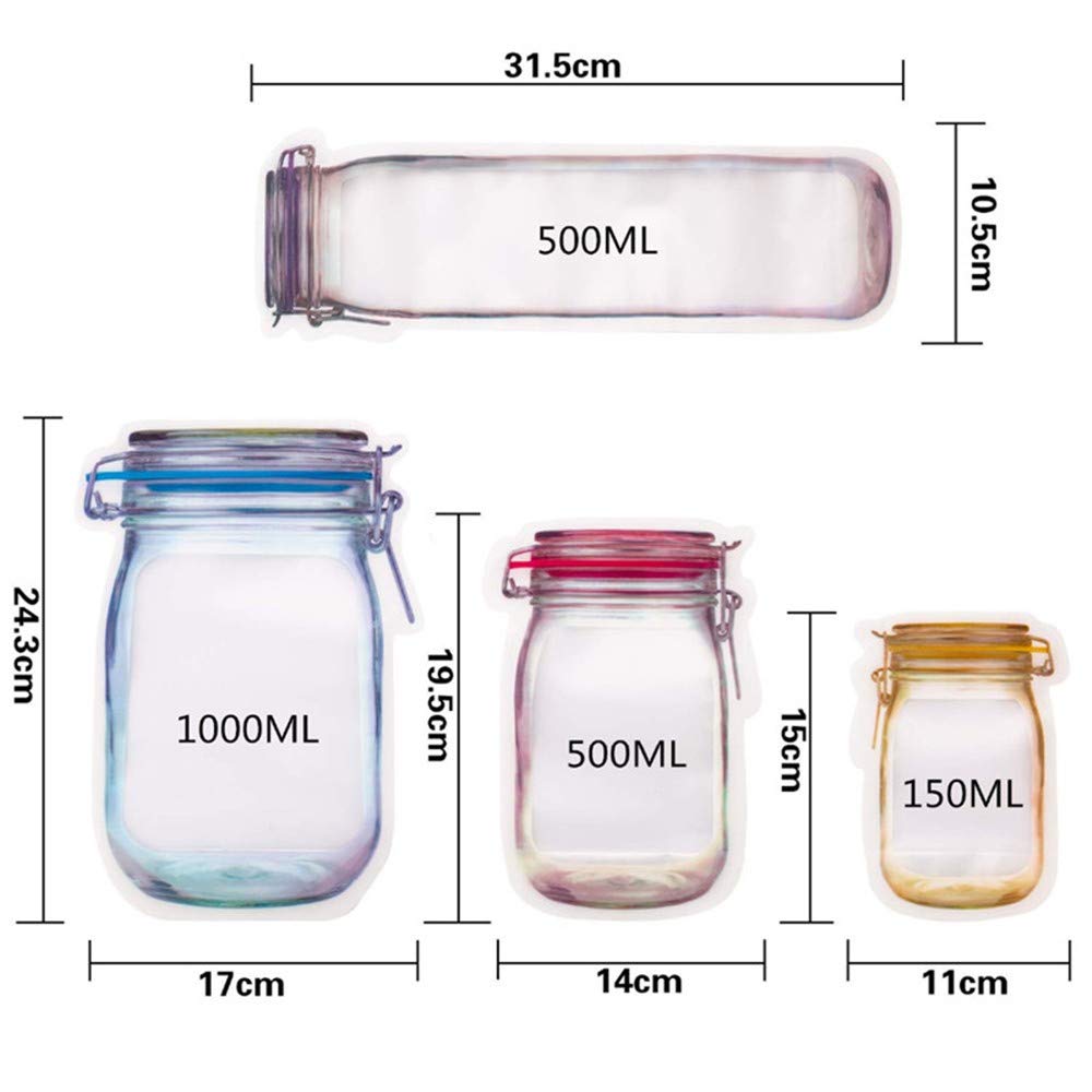 Mason Jar Bottles Bags, Reusable Food Saver Storage Bags Snacks Zipper Sealed Bags Fresh Bags (20PCS)