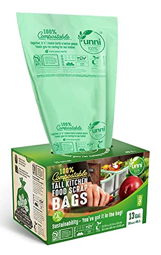 UNNI 100% Compostable Bags, 13 Gallon, 49.2 Liter, 50 Count, Heavy Duty 0.85 Mil, Tall Kitchen Food Scrap Waste Bags, ASTM D6400, EN 13432, US BPI and Europe OK Compost Home Certified, San Francisco