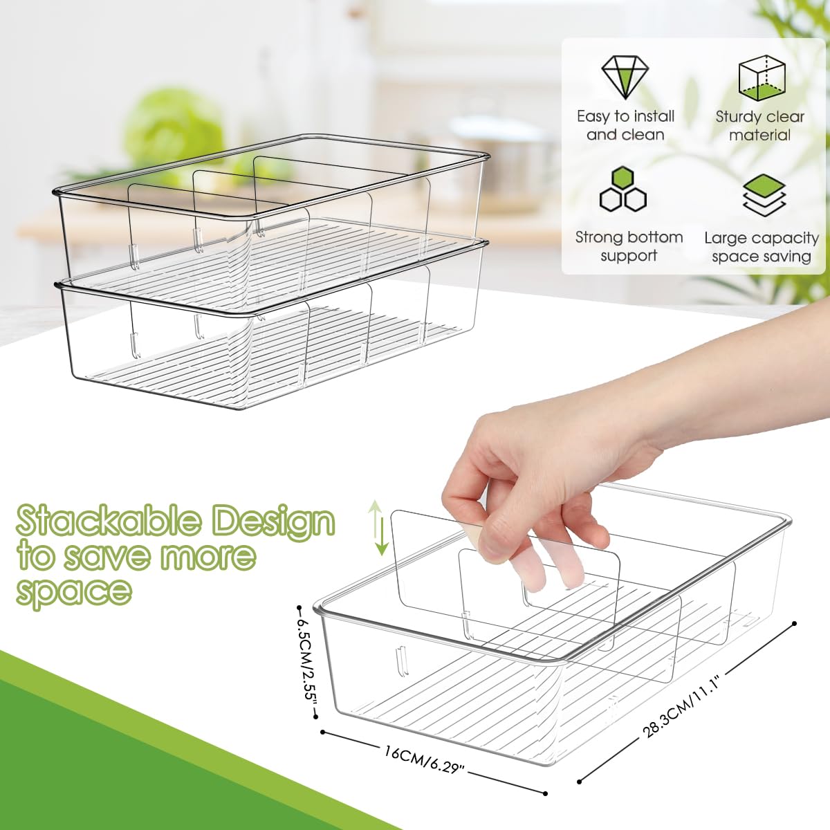 ZIZOTI 2 Packs Clear Pantry Organizer Storage Bins, Removable Snack Organizer Pantry Organization Storage Racks with 3 Dividers, Perfect for Snacks, Packets, Spices, Kitchen, Cabinets
