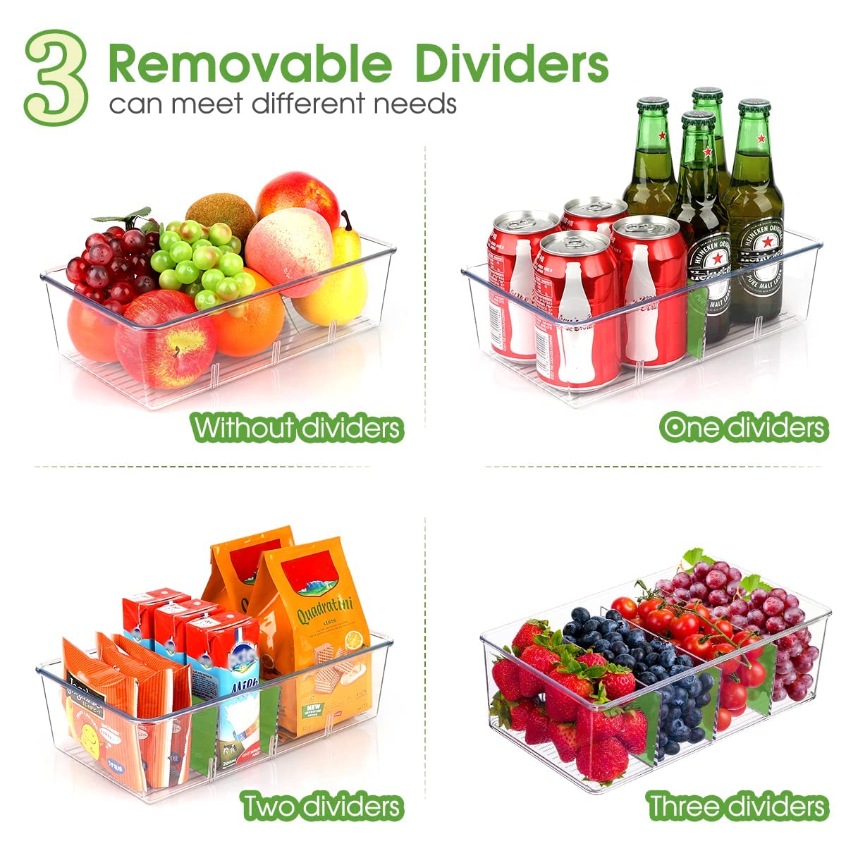 ZIZOTI 2 Packs Clear Pantry Organizer Storage Bins, Removable Snack Organizer Pantry Organization Storage Racks with 3 Dividers, Perfect for Snacks, Packets, Spices, Kitchen, Cabinets