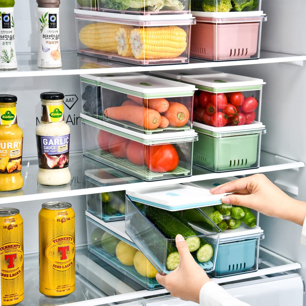 Lille Home Stackable Produce Saver, Organizer Bins/Storage Containers with Removable Drain Tray, Set of Six, for Refrigerators, Cabinets, Countertops and Pantry, BPA Free (Blue,Set of Six)