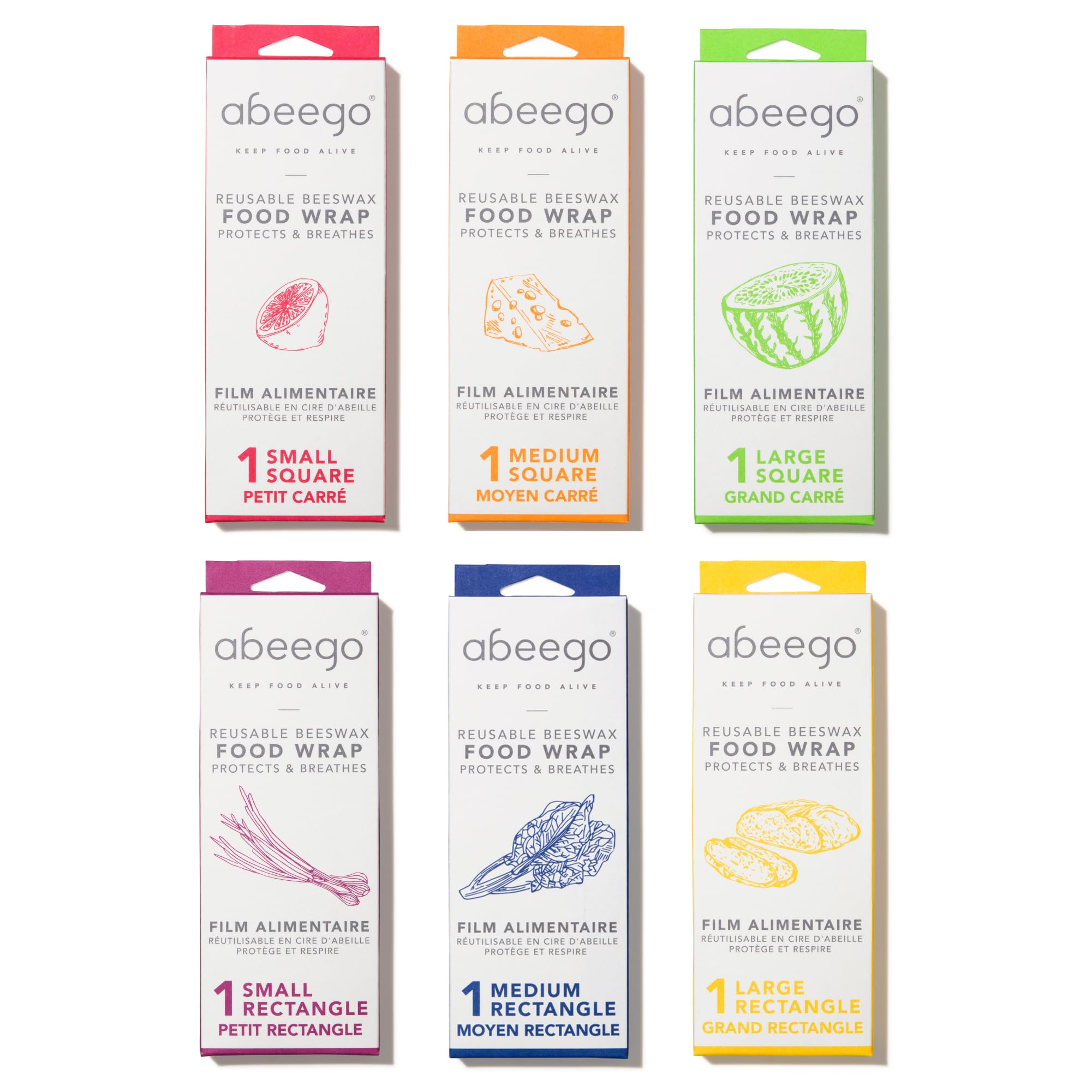 Abeego The Original Beeswax Food Storage Wrap - The Foundation - Bundle of 6 Variety Square and Rectangle Sheets (S,M,L)
