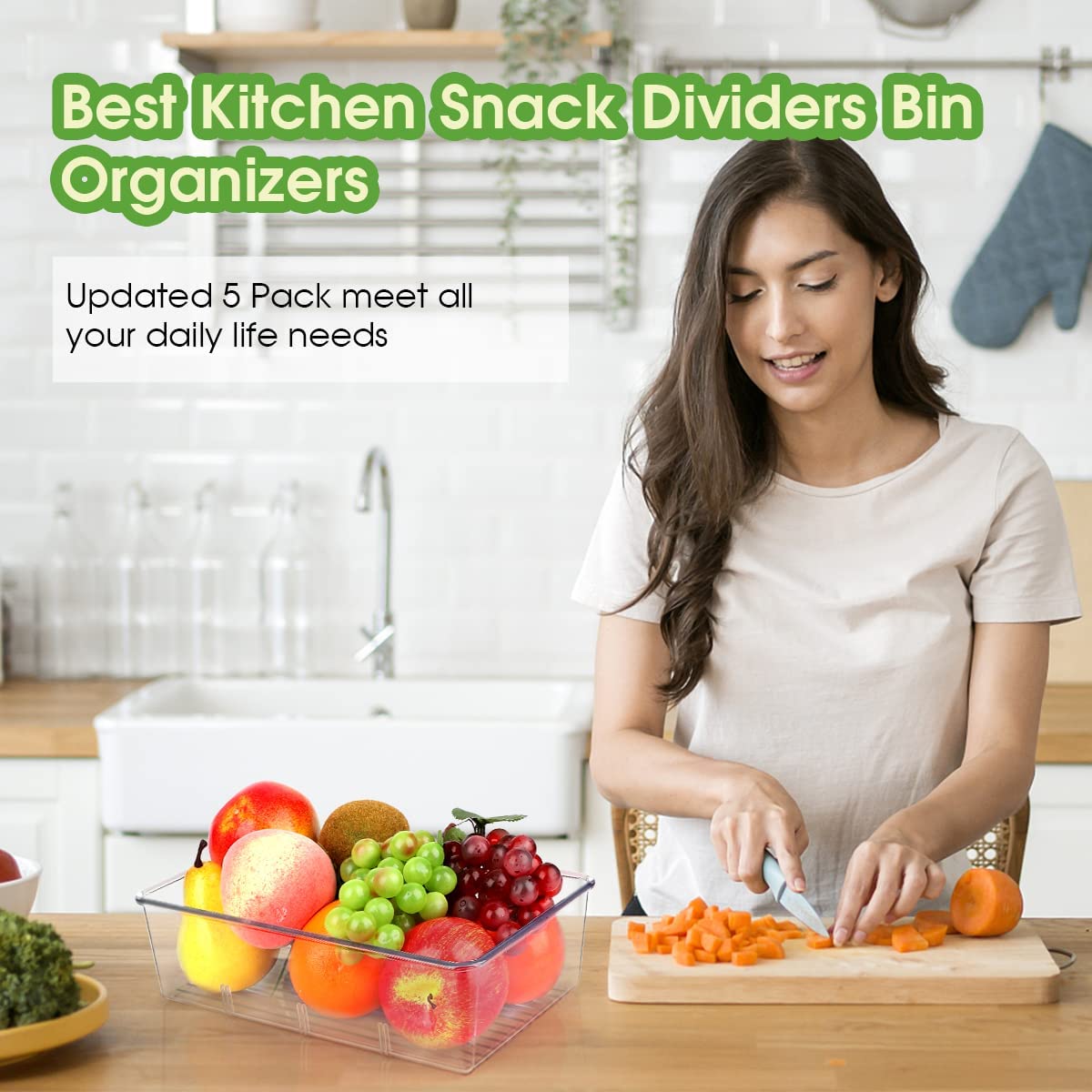 ZIZOTI 2 Packs Clear Pantry Organizer Storage Bins, Removable Snack Organizer Pantry Organization Storage Racks with 3 Dividers, Perfect for Snacks, Packets, Spices, Kitchen, Cabinets