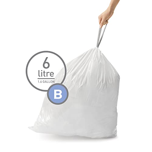 simplehuman Code B Custom Fit Drawstring Trash Bags in Dispenser Packs, 90 Count, 6 Liter / 1.6 Gallon, White