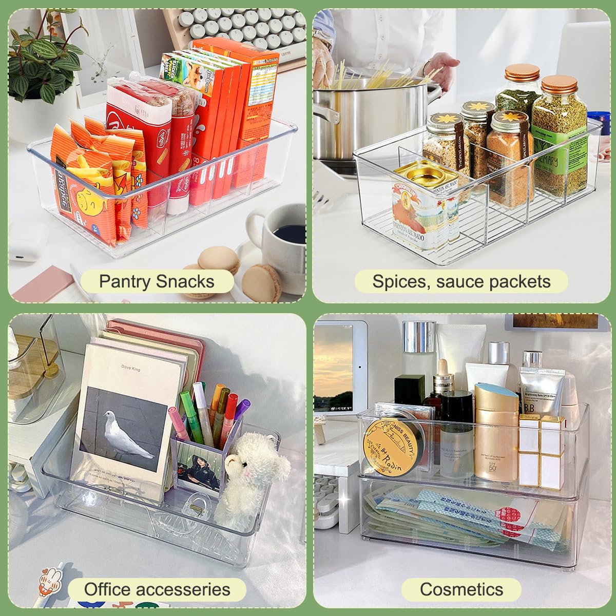 ZIZOTI 2 Packs Clear Pantry Organizer Storage Bins, Removable Snack Organizer Pantry Organization Storage Racks with 3 Dividers, Perfect for Snacks, Packets, Spices, Kitchen, Cabinets