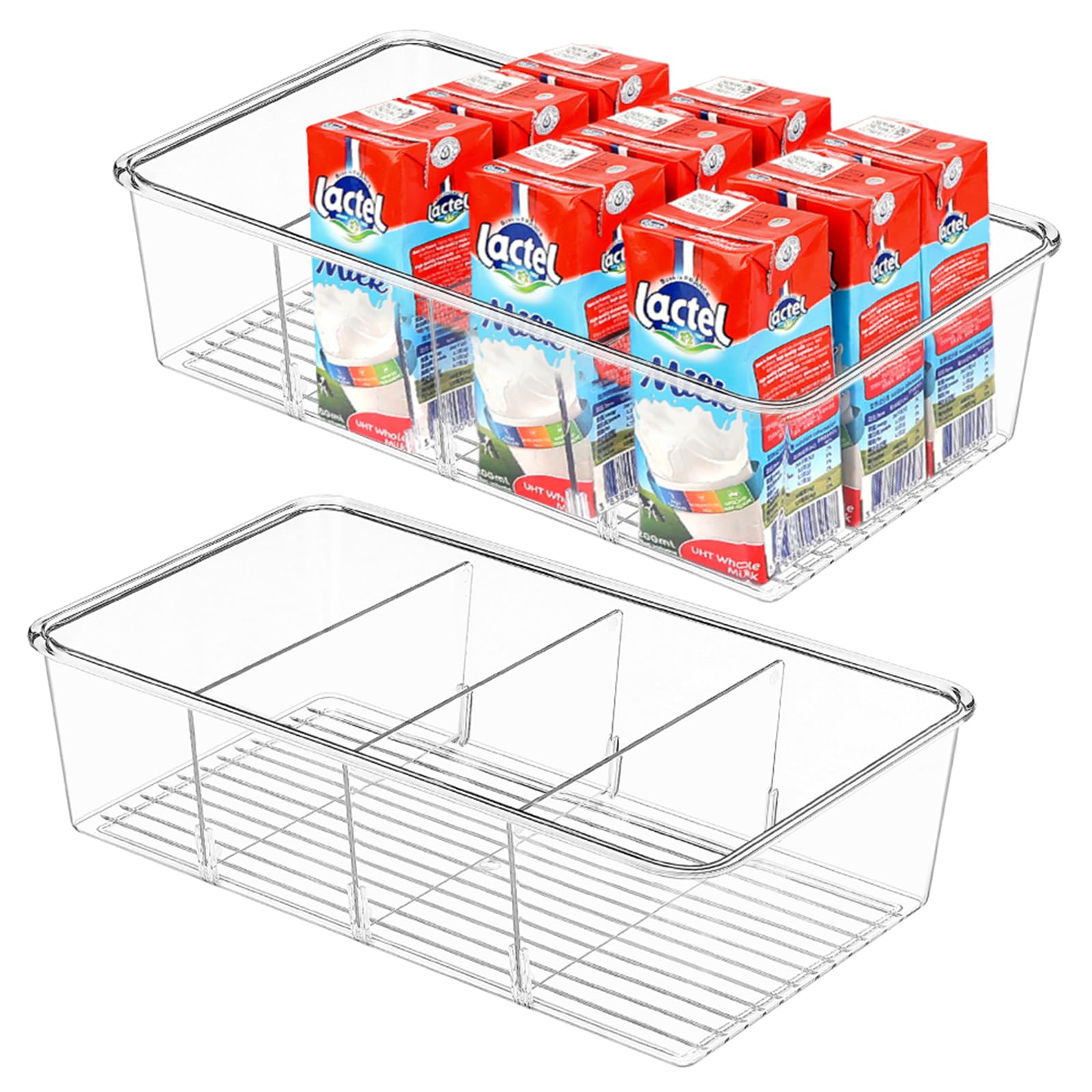 ZIZOTI 2 Packs Clear Pantry Organizer Storage Bins, Removable Snack Organizer Pantry Organization Storage Racks with 3 Dividers, Perfect for Snacks, Packets, Spices, Kitchen, Cabinets