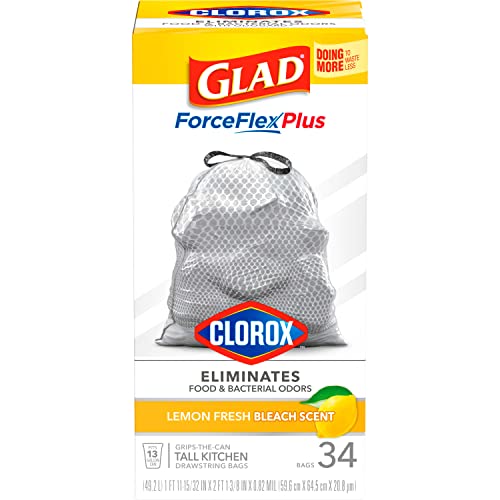 Glad ForceFlexPlus with Clorox Tall Trash Bags, 13 Gal, Lemon Fresh Bleach, 34 Ct, Pack May Vary
