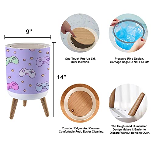Round Trash Can with Press Lid Game cute backdrop with colorful Joystick and stars Kawaii seamless Small Garbage Can Trash Bin Dog-proof Trash Can Wooden Legs Waste Bin Wastebasket 7L/1.8 Gallon