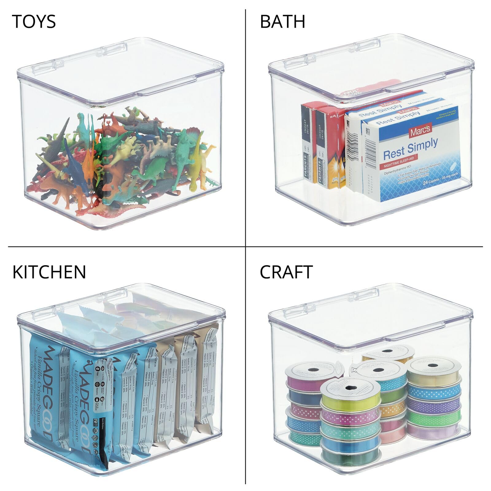 mDesign Plastic Kitchen Pantry and Fridge Storage Organizer Box Containers w/Hinged Lid for Shelves or Cabinets, Holds Food, Snacks, Seasoning, Condiments, Utensils, Lumiere Collection, 4 Pack, Clear