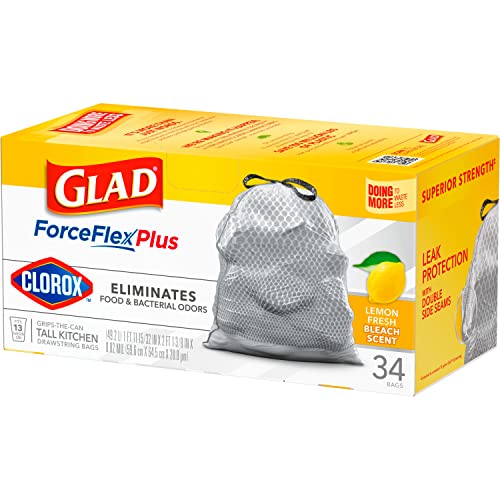 Glad ForceFlexPlus with Clorox Tall Trash Bags, 13 Gal, Lemon Fresh Bleach, 34 Ct, Pack May Vary