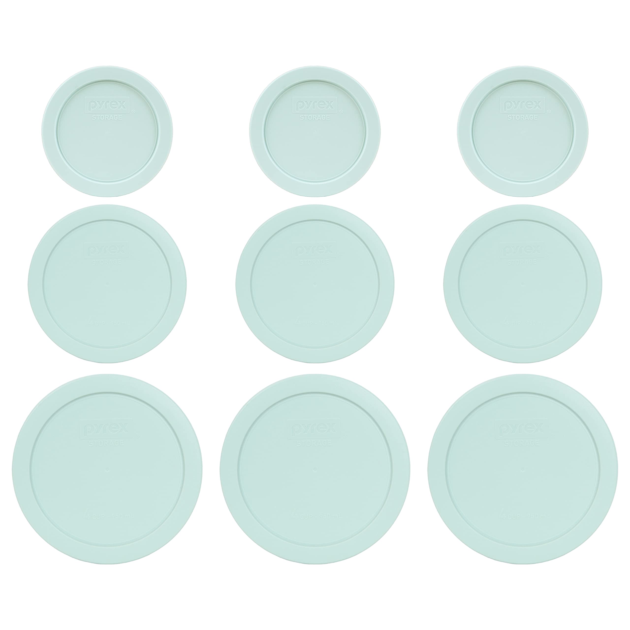Pyrex (3) 7200-PC, (3) 7201-PC, & (3) 7402-PC Muddy Aqua Round Plastic Food Storage Replacement Lids, Made in USA