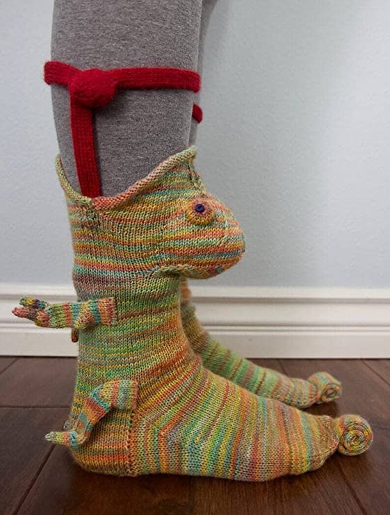 HHAMZONE 1 Pair Knit Crocodile Socks for Women and Men, Christmas Novelty 3D Creative Cartoon Animal Socks (Chameleon)