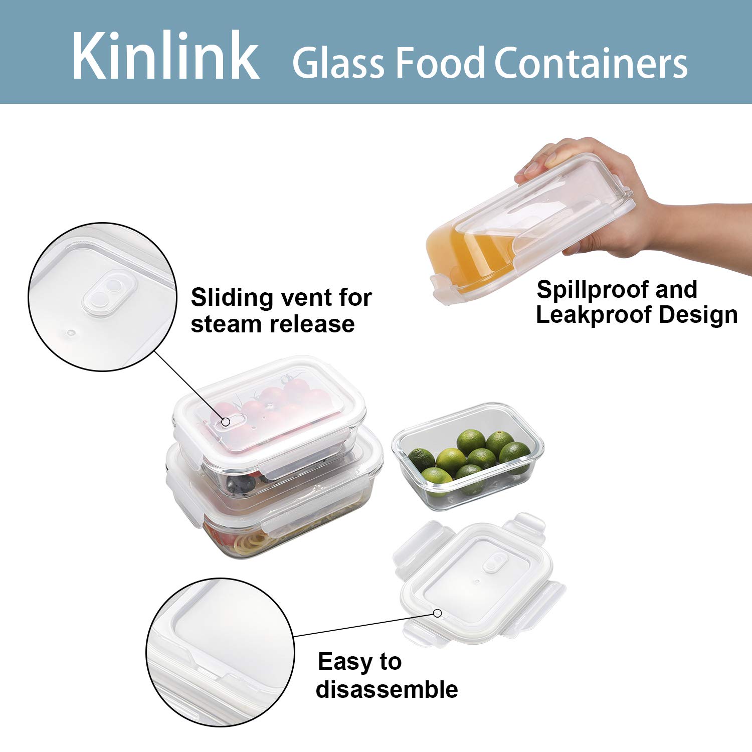 KINLINK Glass Food Storage Containers 18-Pieces with Lids, Glass Meal Prep Containers with BPA-Free Lids, 3 Different Sizes with Airtight Lock 13oz/410ml, 24oz/700ml, 35oz/1040ml