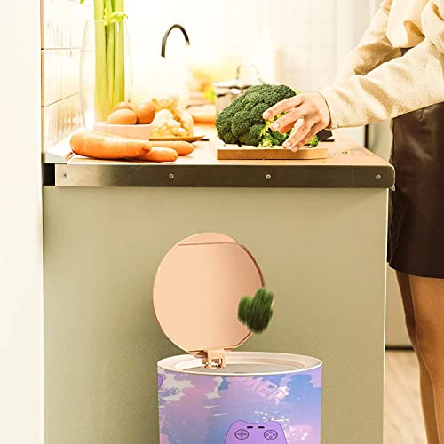 CAKOJV188 Round Trash Can with Press Lid Seamless with Purple Gaming Joystick Cool Print for Girls Small Garbage Can Trash Bin Dog-Proof Trash Can Wooden Legs Waste Bin Wastebasket 7L/1.8 Gallon