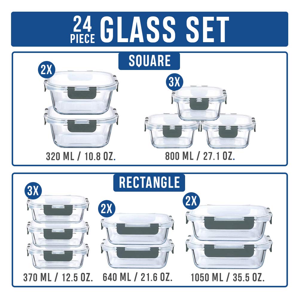 LYTIO Glass Food Containers Storage Organizers for Kitchen Pantry | BPA Free | Leak Proof | Odor Proof | Stain Resistant | 12 Sets | Freezer and Oven Safe(Gray)