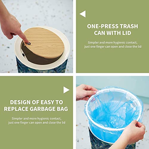 Small Trash Can with Lid Watercolor seamless with navy blue and golden tropical leaves on a Garbage Bin Wood Waste Bin Press Cover Round Wastebasket for Bathroom Bedroom Diaper Office Kitchen