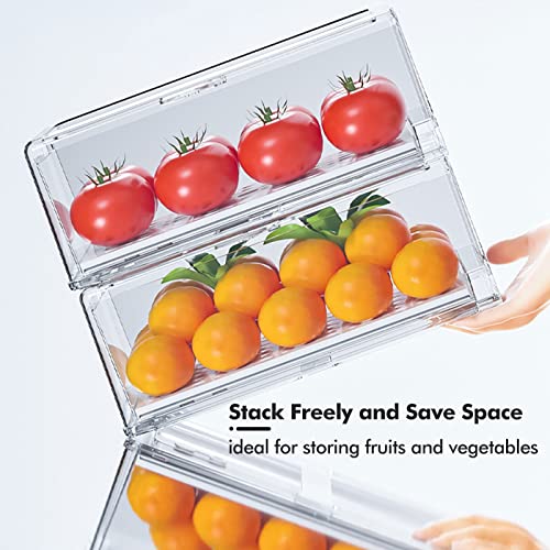 elabo Stackable Refrigerator Organizer Drawers with Removable Drain Tray, Fridge Organizer Bins, Pull Out Food Storage Container Bins with Drawer for Freezer and Kitchen, BPA-Free, Clear